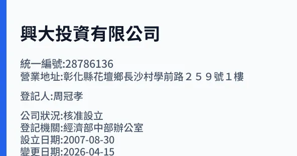 興大投資有限公司的照片-統編 28786136(彰化縣) 公司登記資料與營業項目詳細圖表
