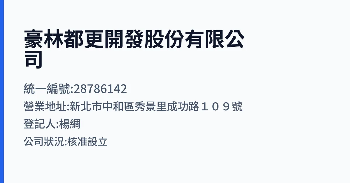 豪林都更開發股份有限公司 - 統編 28786142(新北市) 公司登記資料與營業項目詳細圖表