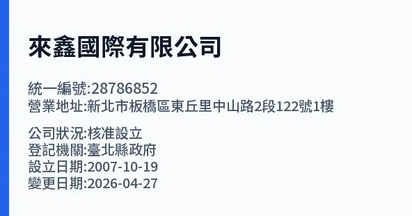 來鑫國際有限公司的照片-統編 28786852(新北市) 公司登記資料與營業項目詳細圖表