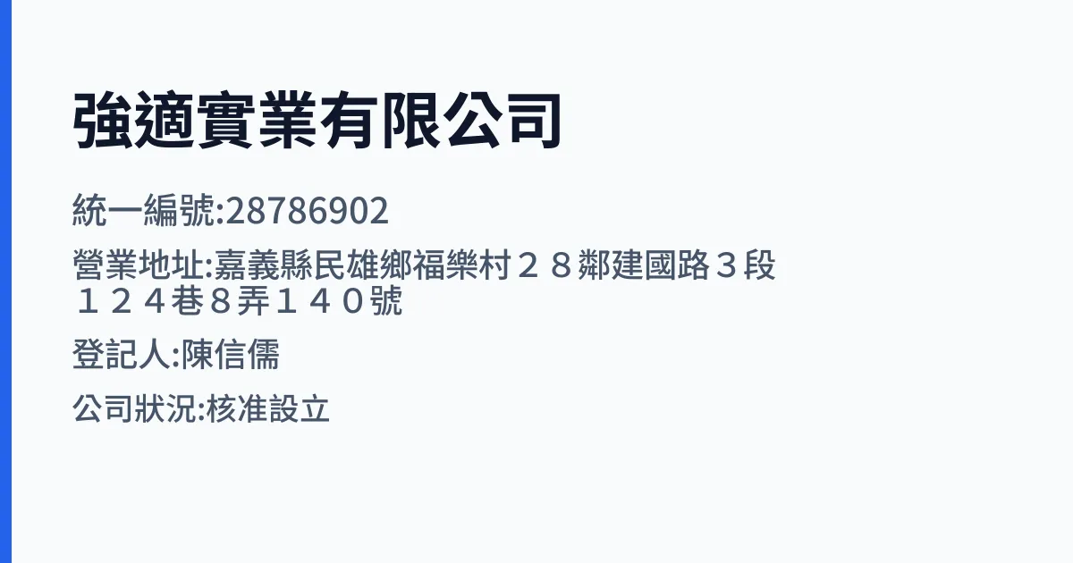 強適實業有限公司 - 統編 28786902(嘉義縣) 公司登記資料與營業項目詳細圖表