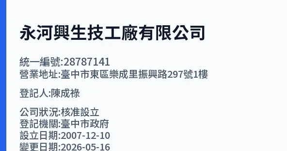 永河興生技工廠有限公司的照片-統編 28787141(臺中市) 公司登記資料與營業項目詳細圖表