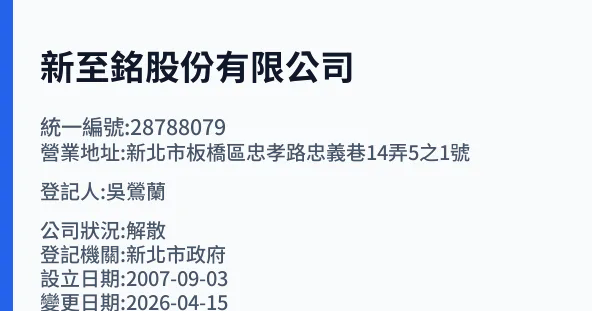 新至銘股份有限公司的照片-統編 28788079(新北市) 公司登記資料與營業項目詳細圖表