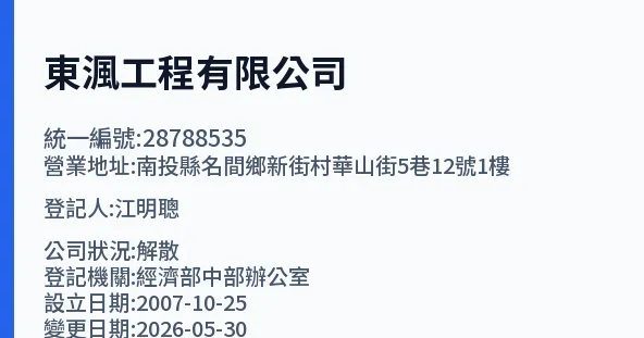 東渢工程有限公司的照片-統編 28788535(南投縣) 公司登記資料與營業項目詳細圖表