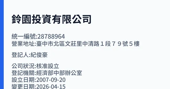鈴園投資有限公司的照片-統編 28788964(彰化縣) 公司登記資料與營業項目詳細圖表