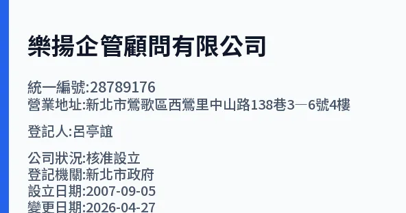 樂揚企管顧問有限公司的照片-統編 28789176(新北市) 公司登記資料與營業項目詳細圖表