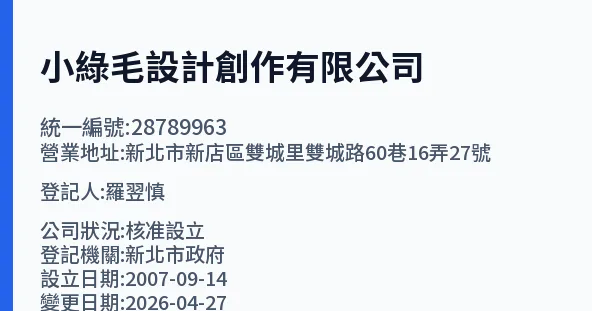 小綠毛設計創作有限公司的照片-統編 28789963(新北市) 公司登記資料與營業項目詳細圖表