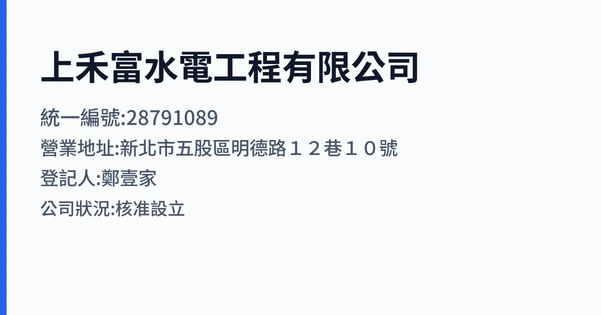 上禾富水電工程有限公司 - 統編 28791089(新北市) 公司登記資料與營業項目詳細圖表