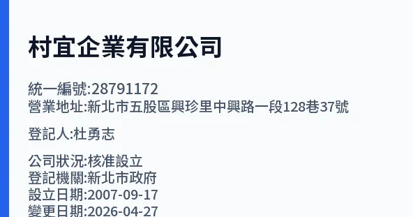 村宜企業有限公司的照片-統編 28791172(新北市) 公司登記資料與營業項目詳細圖表