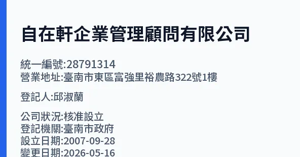 自在軒企業管理顧問有限公司的照片-統編 28791314(臺南市) 公司登記資料與營業項目詳細圖表