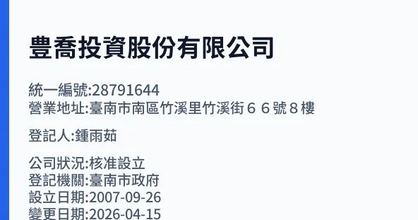 豊喬投資股份有限公司的照片-統編 28791644(臺南市) 公司登記資料與營業項目詳細圖表