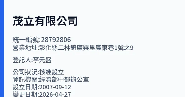 茂立有限公司的照片-統編 28792806(彰化縣) 公司登記資料與營業項目詳細圖表