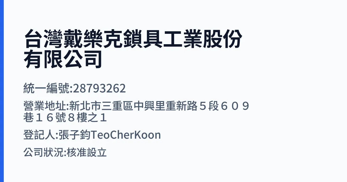 台灣戴樂克鎖具工業股份有限公司 - 統編 28793262(新北市) 公司登記資料與營業項目詳細圖表