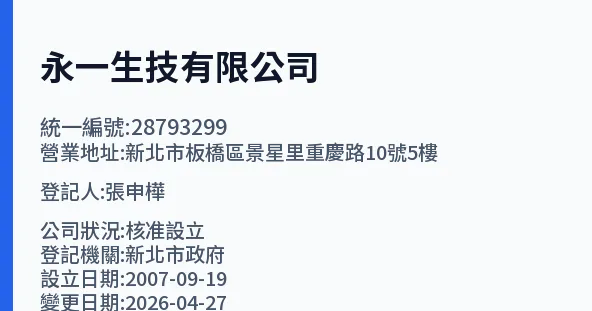 永一生技有限公司的照片-統編 28793299(新北市) 公司登記資料與營業項目詳細圖表