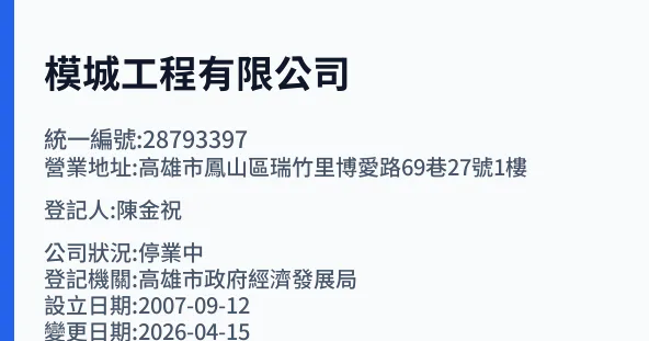 模城工程有限公司的照片-統編 28793397(高雄市) 公司登記資料與營業項目詳細圖表