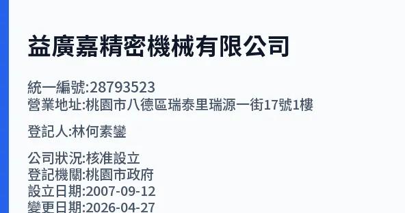 益廣嘉精密機械有限公司的照片-統編 28793523(桃園市) 公司登記資料與營業項目詳細圖表