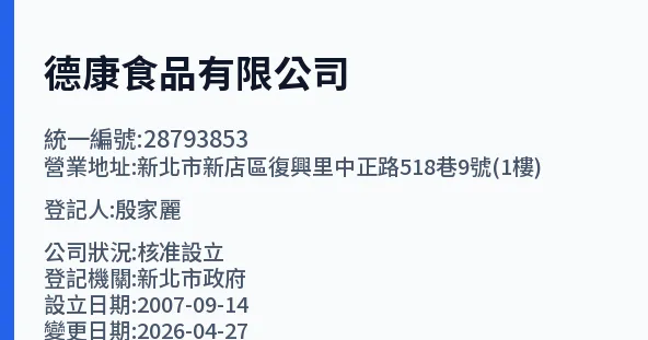 德康食品有限公司的照片-統編 28793853(新北市) 公司登記資料與營業項目詳細圖表