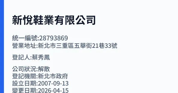 新悅鞋業有限公司的照片-統編 28793869(新北市) 公司登記資料與營業項目詳細圖表