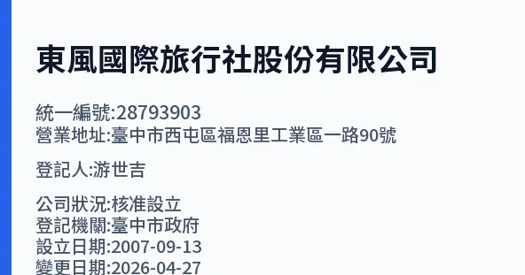 東風國際旅行社股份有限公司的照片-統編 28793903(臺中市) 公司登記資料與營業項目詳細圖表