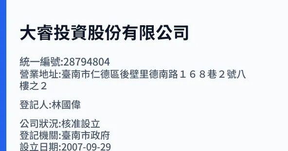 大睿投資股份有限公司的照片-統編 28794804(臺南市) 公司登記資料與營業項目詳細圖表