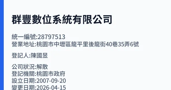 群豐數位系統有限公司的照片-統編 28797513(桃園市) 公司登記資料與營業項目詳細圖表