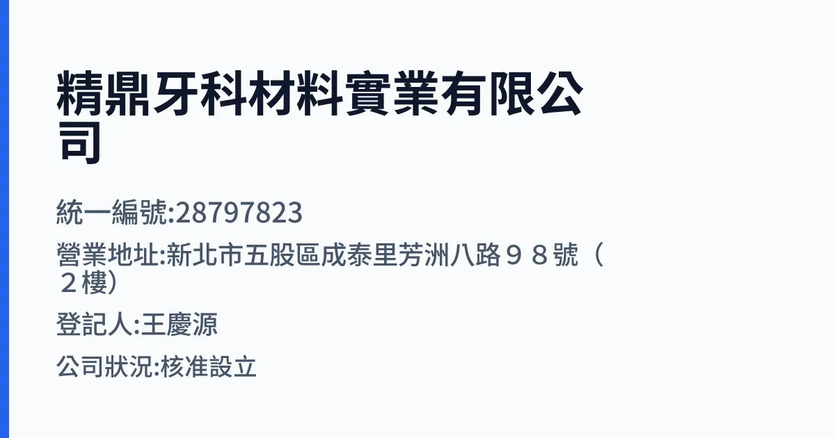精鼎牙科材料實業有限公司 - 統編 28797823(新北市) 公司登記資料與營業項目詳細圖表