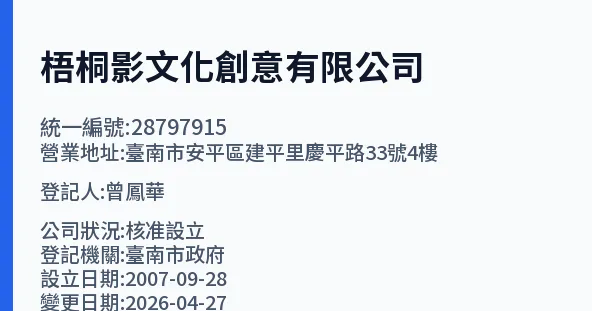 梧桐影文化創意有限公司的照片-統編 28797915(臺南市) 公司登記資料與營業項目詳細圖表