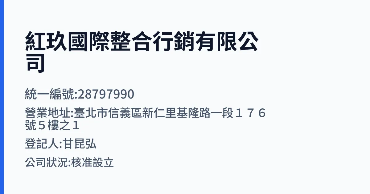 紅玖國際整合行銷有限公司 - 統編 28797990(臺北市) 公司登記資料與營業項目詳細圖表