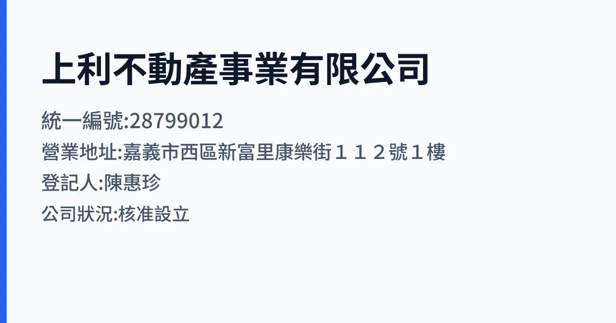 上利不動產事業有限公司 - 統編 28799012(嘉義市) 公司登記資料與營業項目詳細圖表