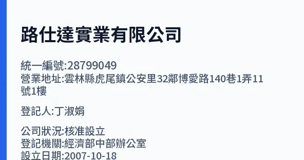 路仕達實業有限公司的照片-統編 28799049(雲林縣) 公司登記資料與營業項目詳細圖表