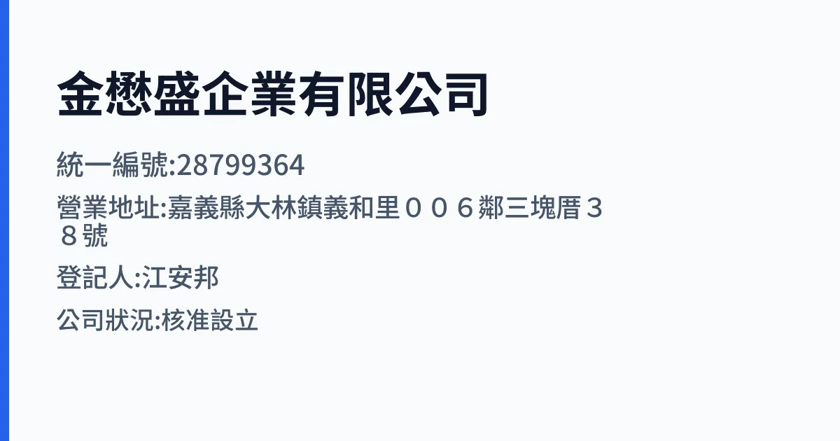 金懋盛企業有限公司 - 統編 28799364(嘉義縣) 公司登記資料與營業項目詳細圖表