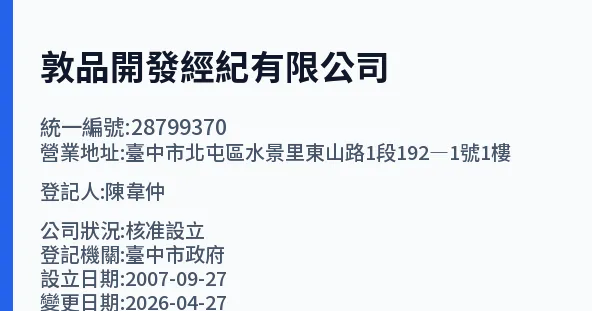敦品開發經紀有限公司的照片-統編 28799370(臺中市) 公司登記資料與營業項目詳細圖表