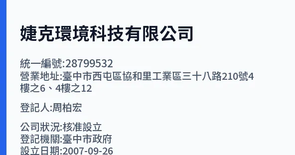 婕克環境科技有限公司的照片-統編 28799532(臺中市) 公司登記資料與營業項目詳細圖表