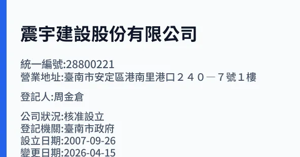 震宇建設股份有限公司的照片-統編 28800221(臺南市) 公司登記資料與營業項目詳細圖表