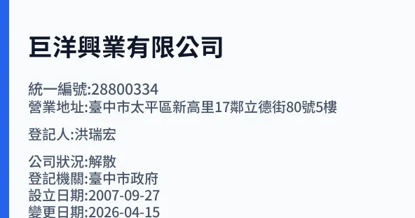 巨洋興業有限公司的照片-統編 28800334(臺中市) 公司登記資料與營業項目詳細圖表