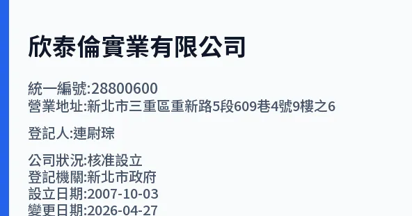 欣泰倫實業有限公司的照片-統編 28800600(新北市) 公司登記資料與營業項目詳細圖表