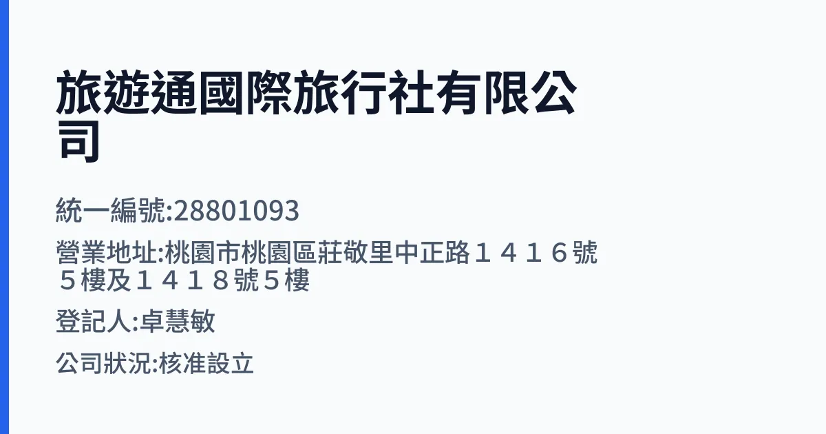 旅遊通國際旅行社有限公司 - 統編 28801093(桃園市) 公司登記資料與營業項目詳細圖表