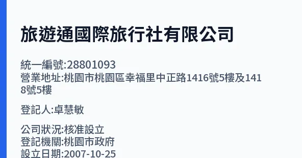 旅遊通國際旅行社有限公司的照片-統編 28801093(桃園市) 公司登記資料與營業項目詳細圖表