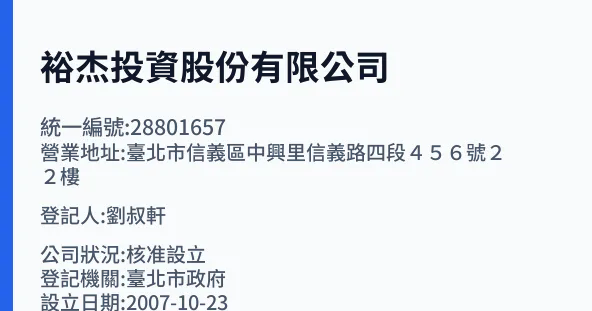 裕杰投資股份有限公司的照片-統編 28801657(臺北市) 公司登記資料與營業項目詳細圖表