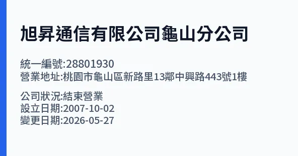 旭昇通信有限公司龜山分公司的照片-統編 28801930(桃園市) 公司登記資料與營業項目詳細圖表