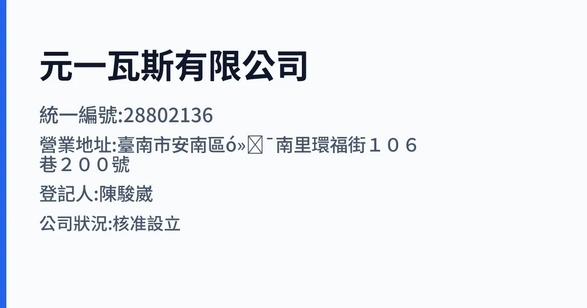 元一瓦斯有限公司 - 統編 28802136(臺南市) 公司登記資料與營業項目詳細圖表
