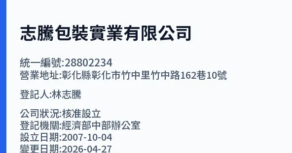 志騰包裝實業有限公司的照片-統編 28802234(彰化縣) 公司登記資料與營業項目詳細圖表