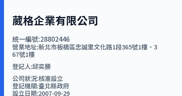 葳格企業有限公司的照片-統編 28802446(新北市) 公司登記資料與營業項目詳細圖表