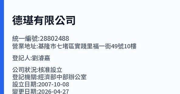 德璂有限公司的照片-統編 28802488(基隆市) 公司登記資料與營業項目詳細圖表