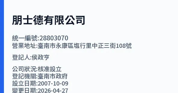 朋士德有限公司的照片-統編 28803070(臺南市) 公司登記資料與營業項目詳細圖表