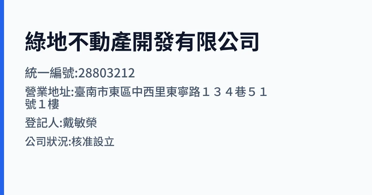 綠地不動產開發有限公司 - 統編 28803212(臺南市) 公司登記資料與營業項目詳細圖表