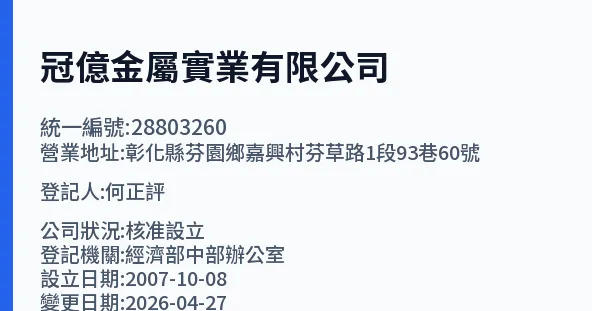 冠億金屬實業有限公司的照片-統編 28803260(彰化縣) 公司登記資料與營業項目詳細圖表