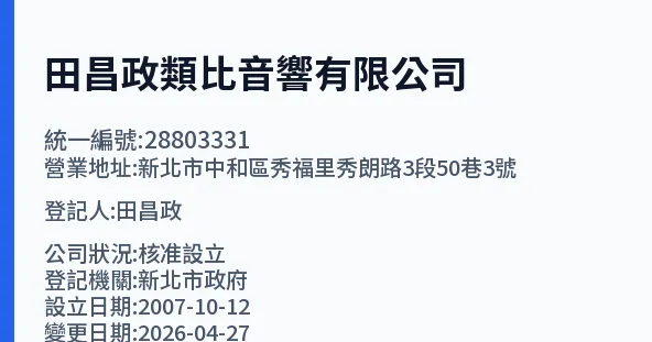 田昌政類比音響有限公司的照片-統編 28803331(新北市) 公司登記資料與營業項目詳細圖表