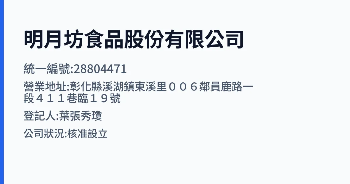 明月坊食品股份有限公司 - 統編 28804471(彰化縣) 公司登記資料與營業項目詳細圖表