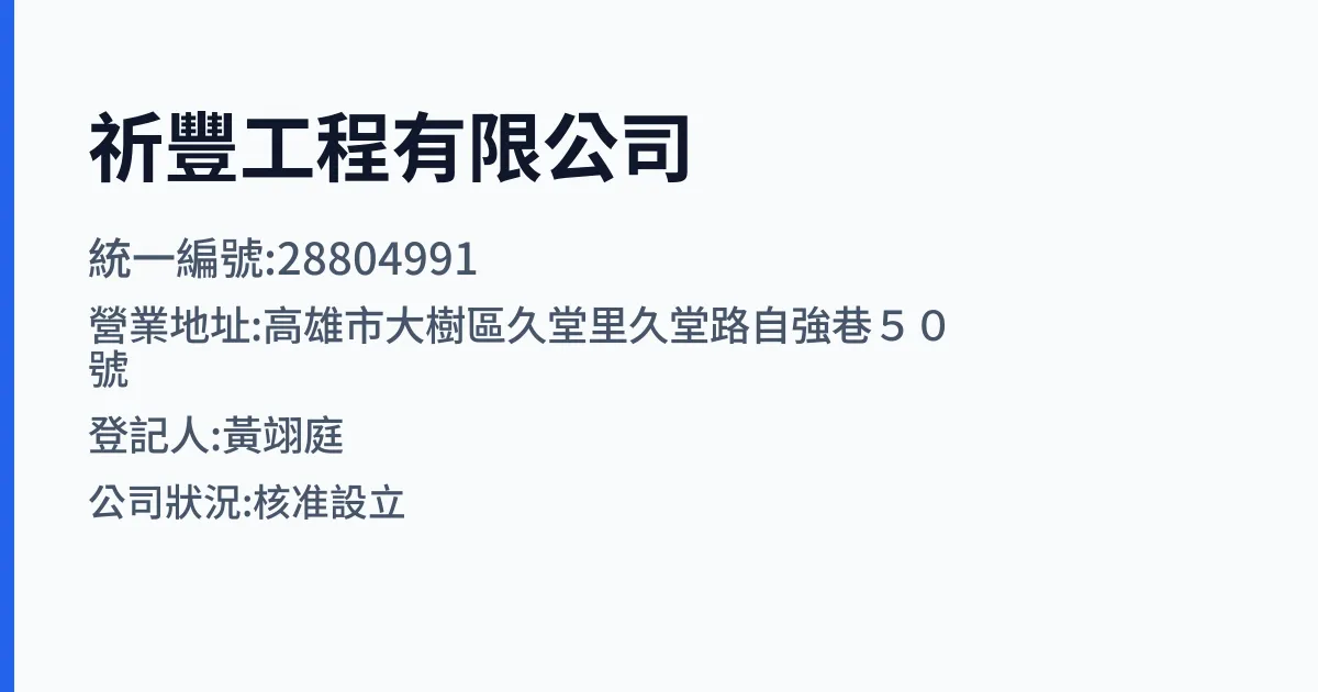 祈豐工程有限公司 - 統編 28804991(高雄市) 公司登記資料與營業項目詳細圖表