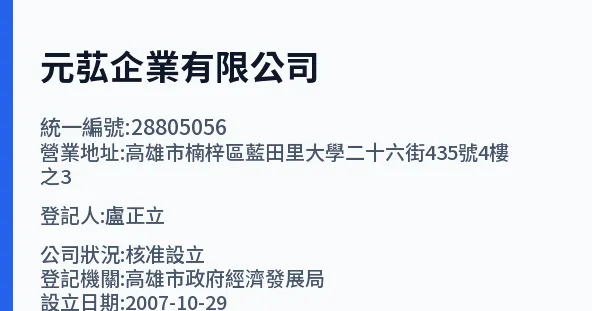元苰企業有限公司的照片-統編 28805056(高雄市) 公司登記資料與營業項目詳細圖表